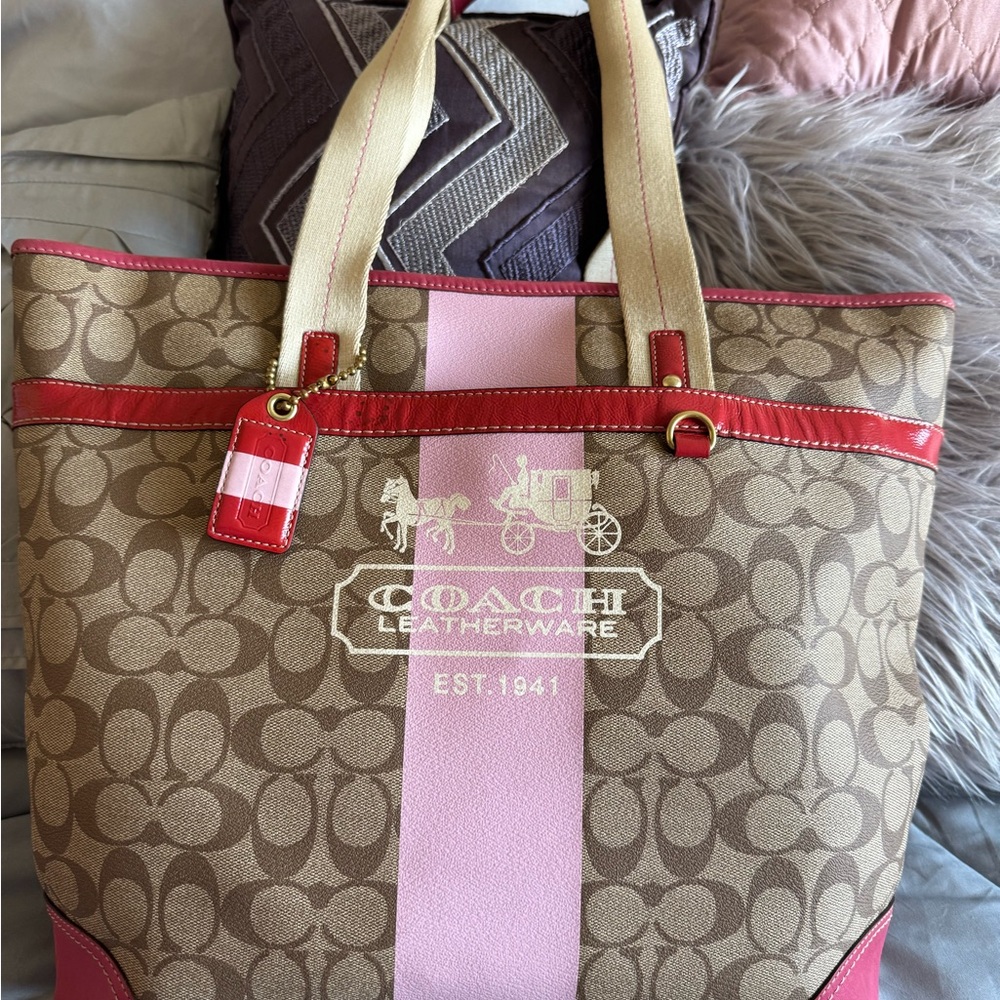 Coach Signature Monogram Tote Bag - Brown Pink Red & … - Gem